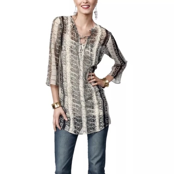 CAbi | Tops | Cabi Tunic Top Sz M 867 Sheer Beatnik Black Ivory | Poshmark